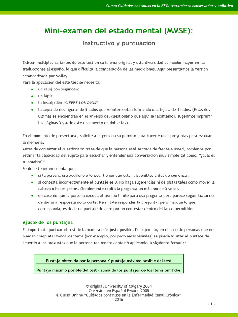 Instrucciones para el MMSE en ERC | PDF | Demencia | Ciencia cognitiva