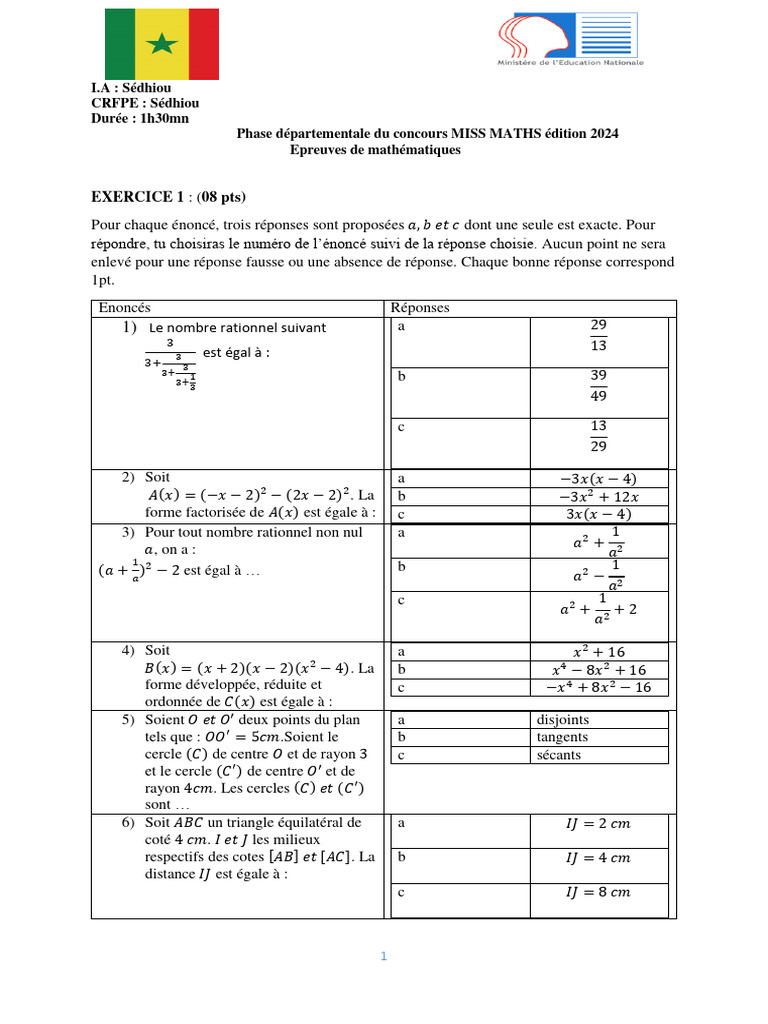 Concours Miss Maths 2024 - Épreuves | PDF | Triangle | Cercle