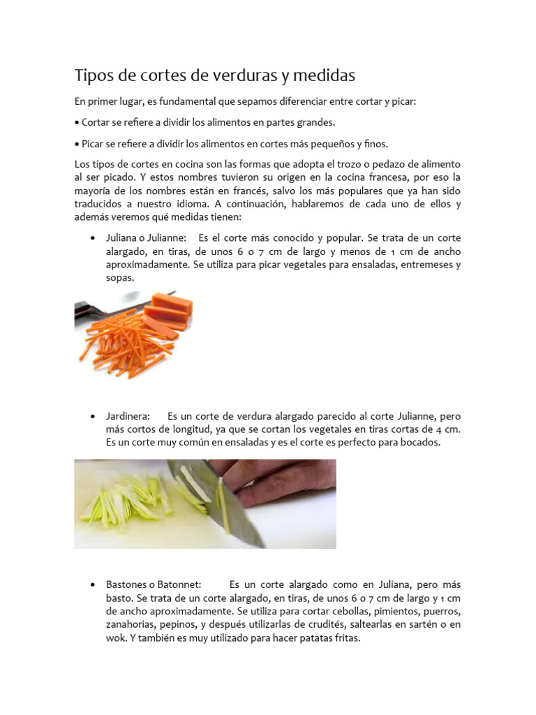 Tipos y medidas de cortes de verduras | PDF | ensalada | Vegetales