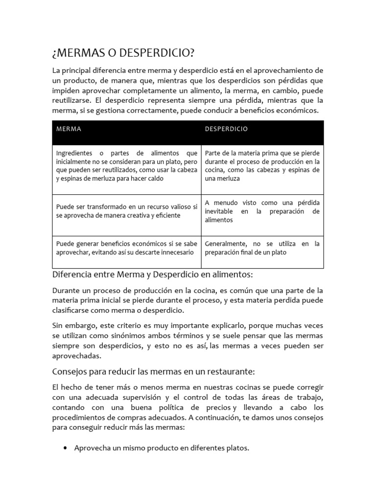 Mermas o Desperdicio | PDF | Cocinando | Alimentos