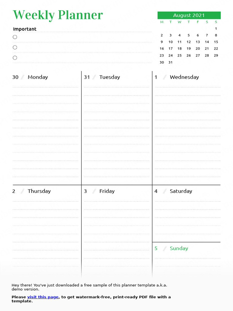 Week On One Page Planner | PDF