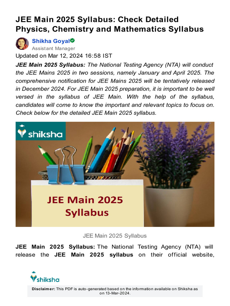 JEE Mains Syllabus 2025 | PDF | Chemical Bond | Circle