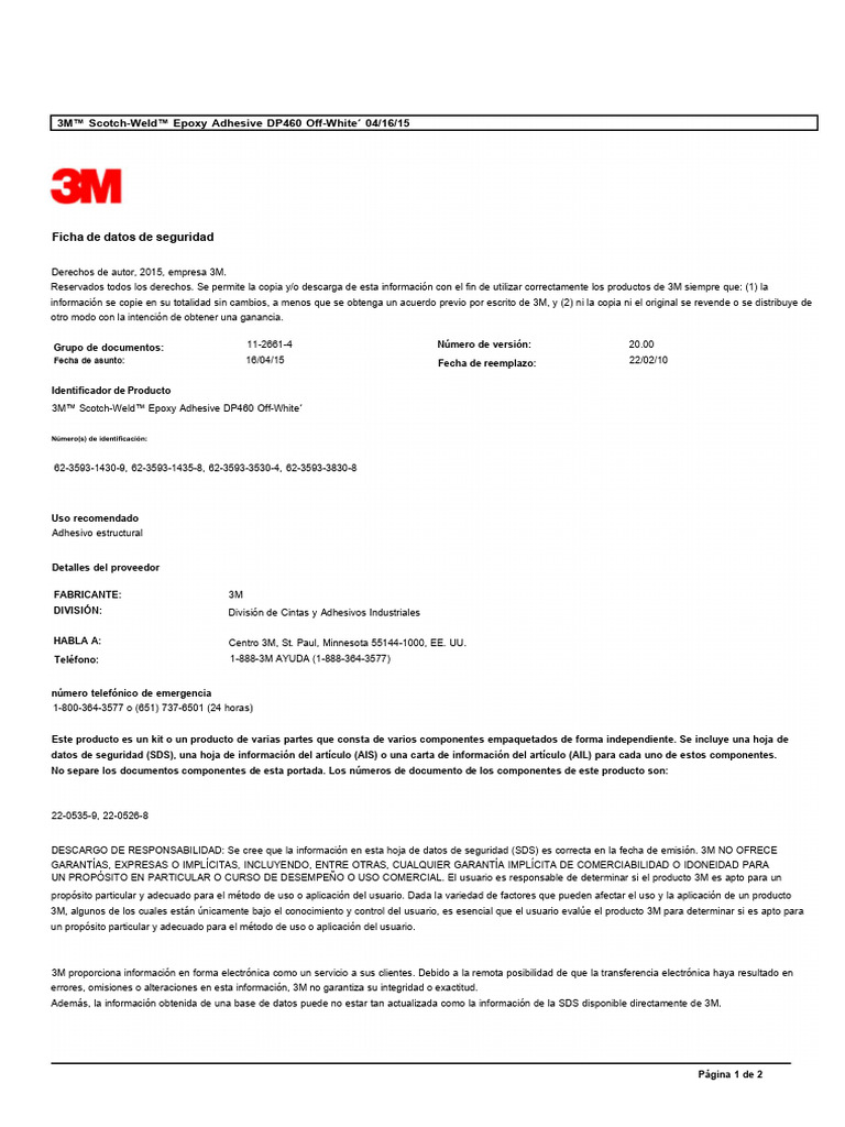3M Scotch-Weld Epoxy Adhesive DP460 Off-White (Español) | PDF | Ventilación (Arquitectura) | Agua