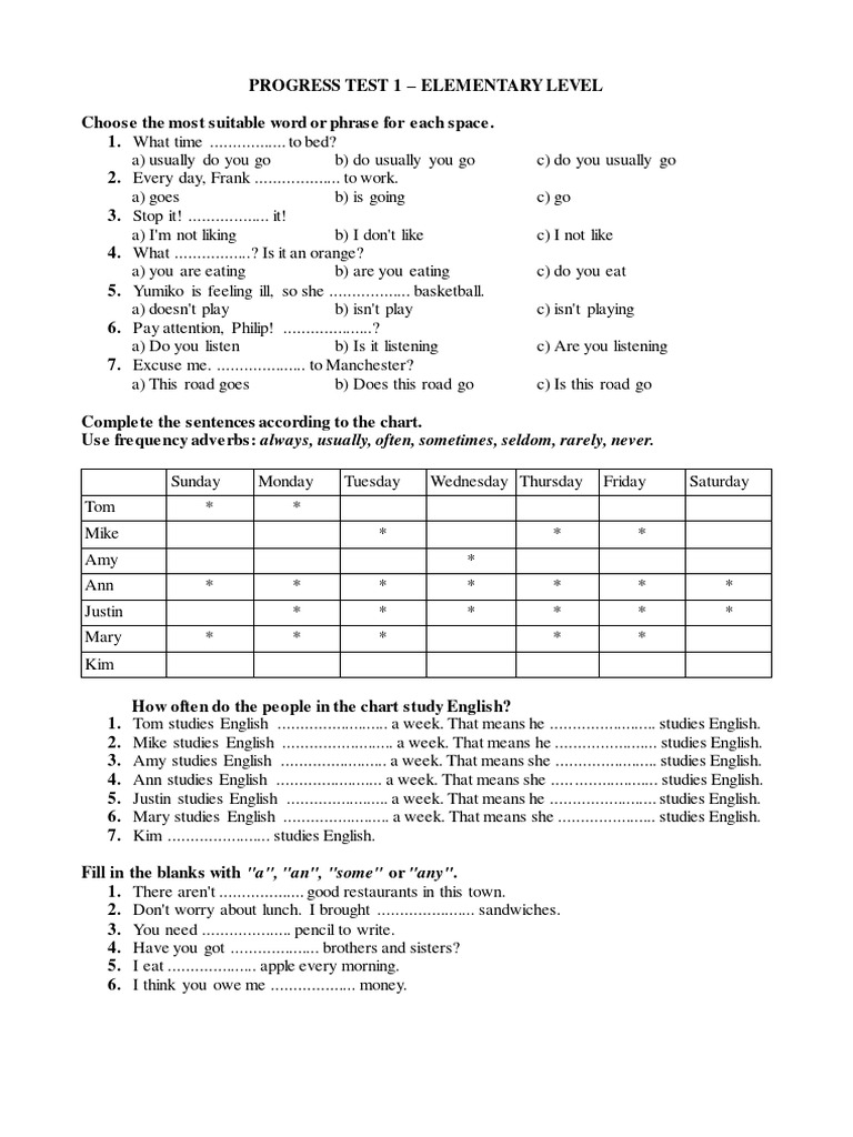 Progress Test 1 - Elementary Level | PDF