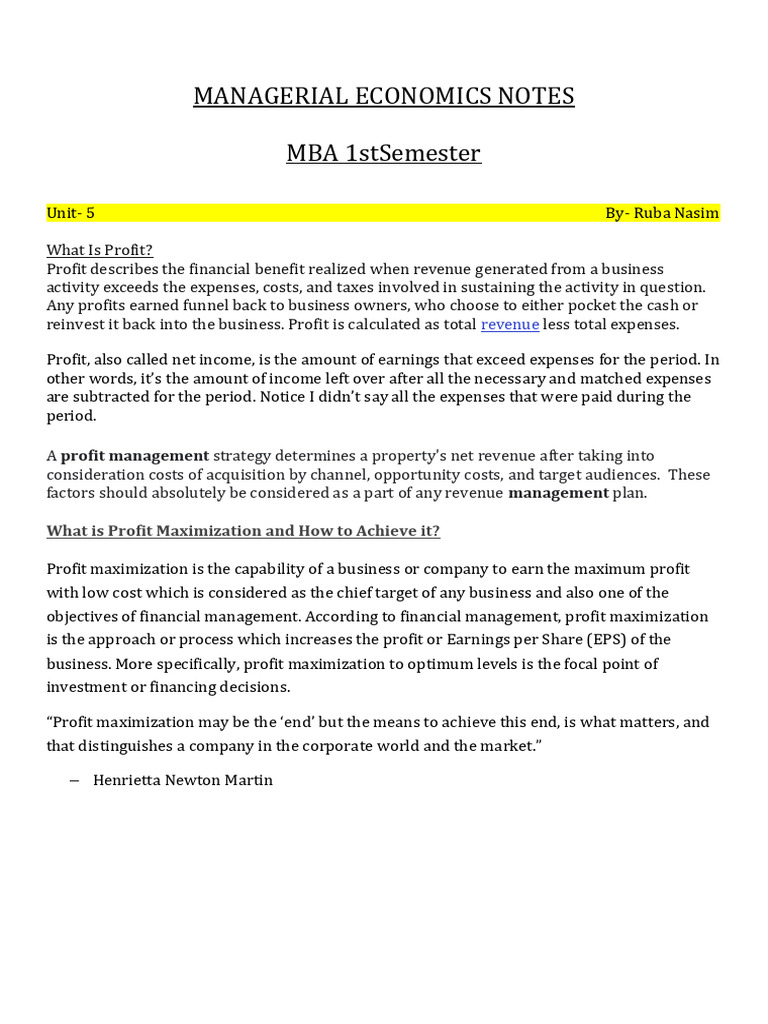 MANAGERIAL ECONOMICS NOTES Unit-5 MBA 1st | PDF | Inflation | Profit ...