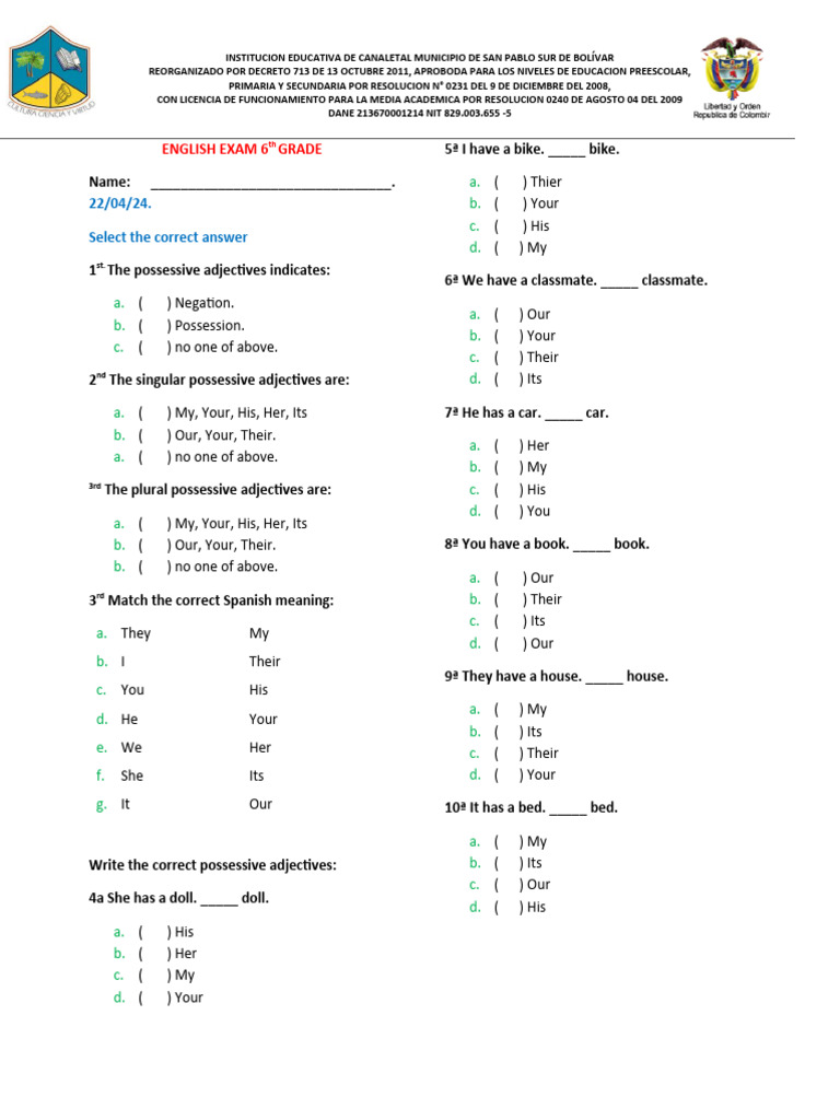 Possessive Adjectives Exam | PDF | Languages Of Europe | Linguistics
