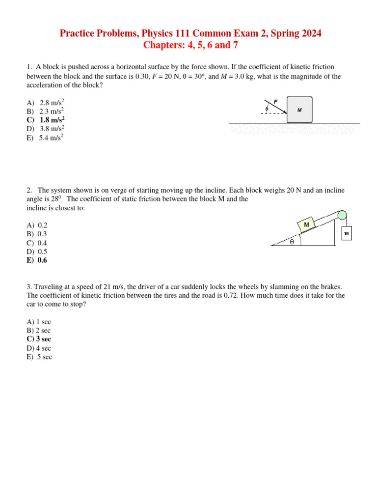 Practice Problems, Physics 111, Common Exam 2, Spring 2024 | PDF | Force | Friction