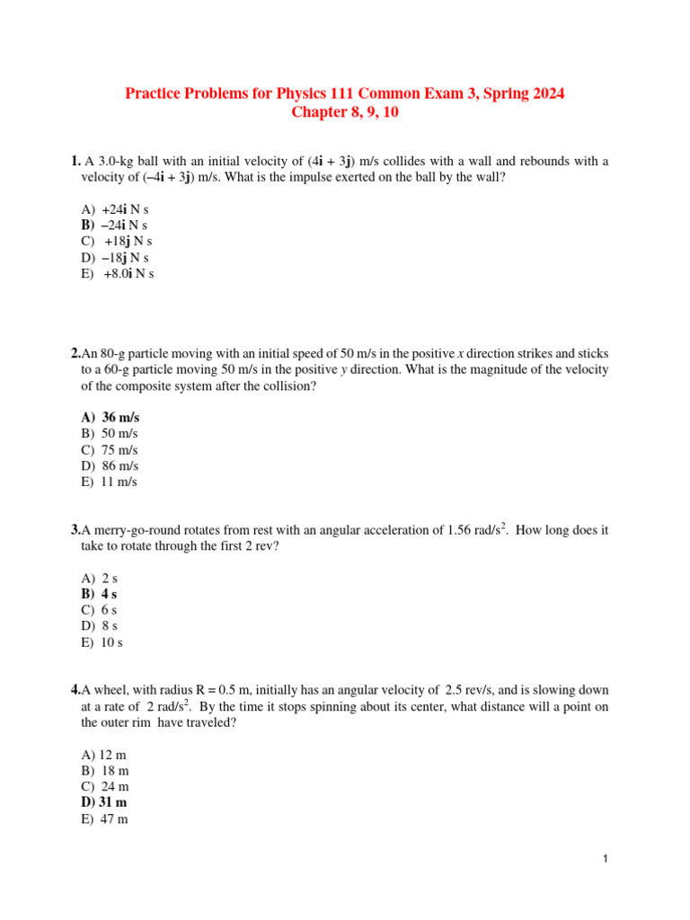 Practice Problems, Physics 111 Common Exam 3, Spring 2024 | PDF | Rotation Around A Fixed Axis ...
