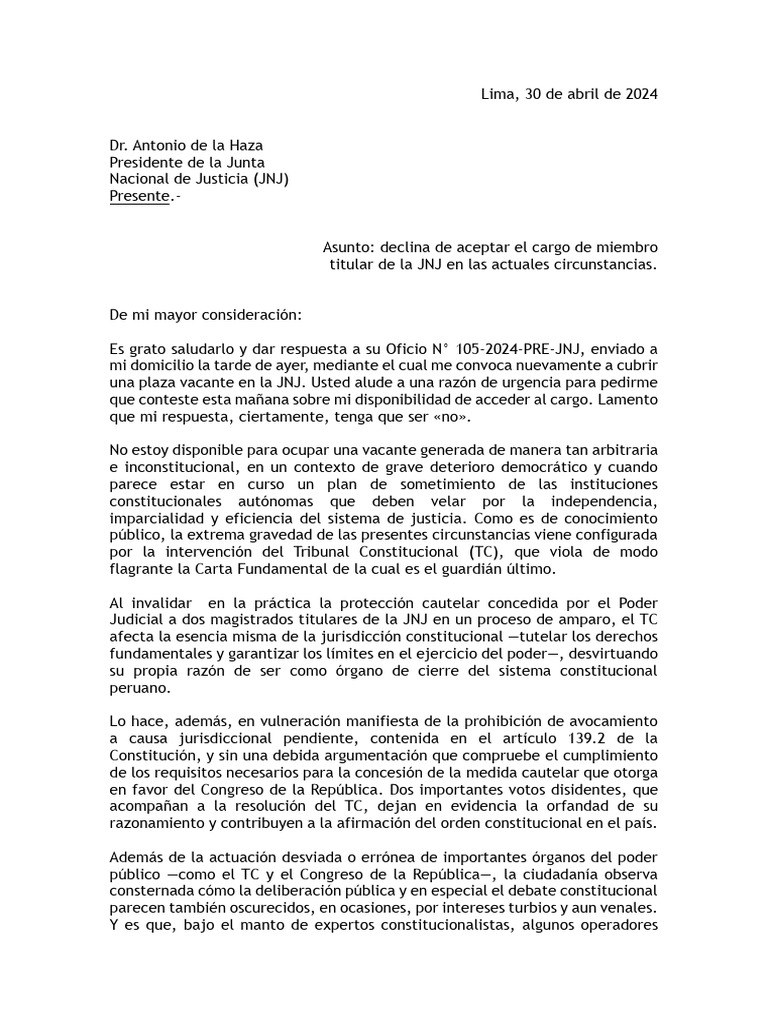 A. Siles, Carta Rpta A Pdte de La JNJ (Declinación) (VF) | Descargar ...