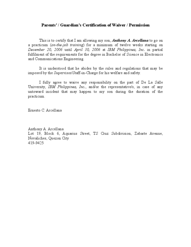 Parent's Waiver OJT | PDF | Business