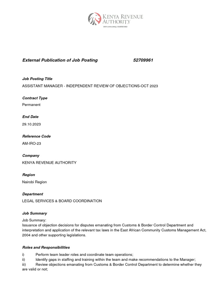 Assistant Manager Job Posting - Kenya Revenue Authority | PDF ...