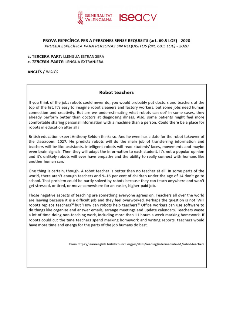 Prova C Anglès 2020 | PDF | Robot | Robotics
