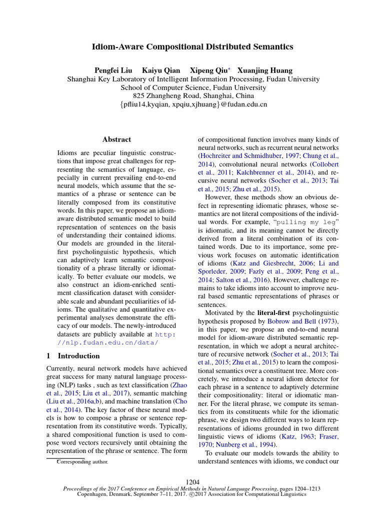Idiom Aware Compositional Distributed Semantics Pdf Idiom Semantics 1188