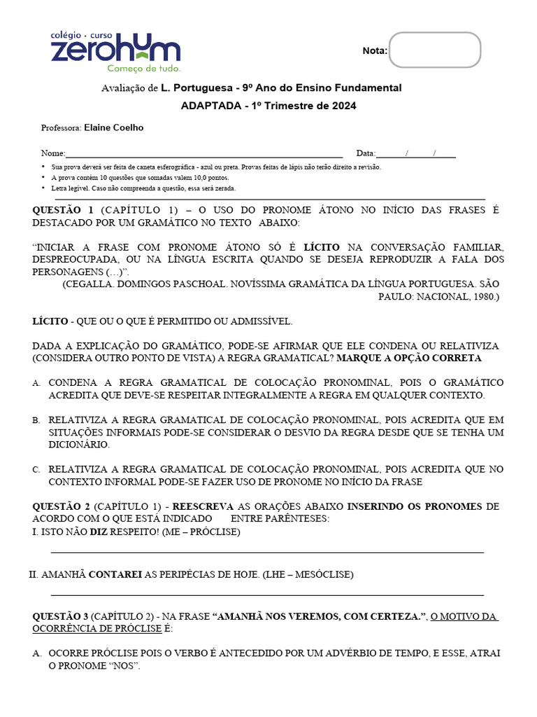 Adaptada (AV1) L. Port - 9º Ano - 1º TRI - 2024 | PDF | Gramática | Pronome