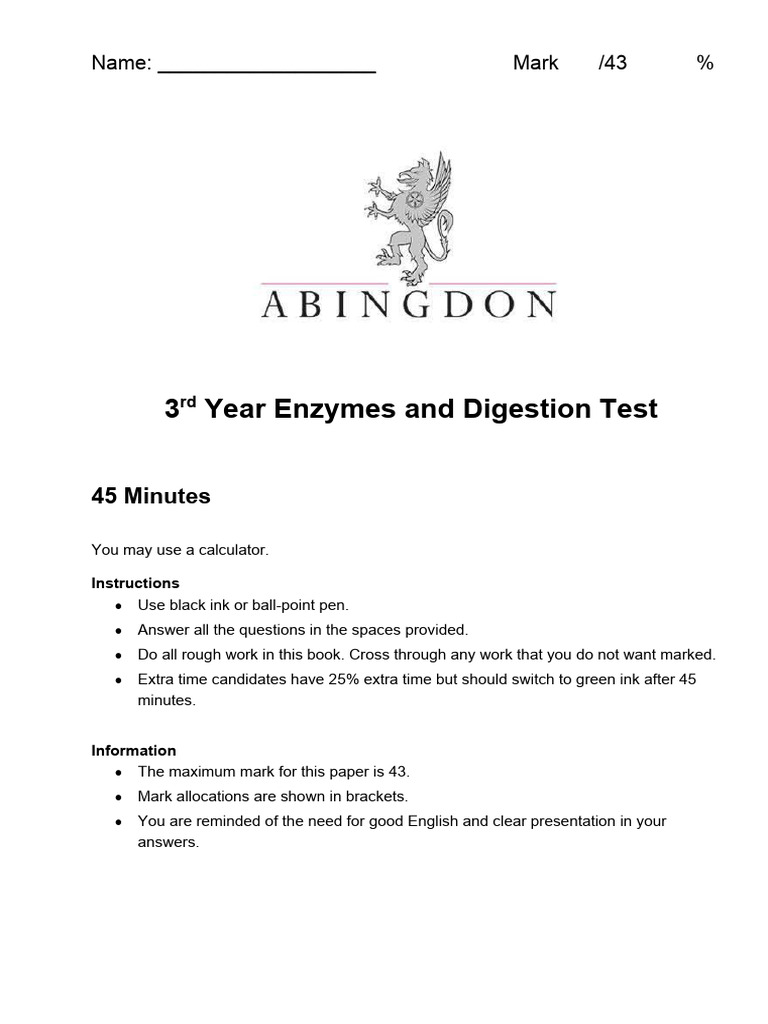 2024 3rd Year Enzymes and Digestion Test and MS | PDF | Enzyme | Active ...
