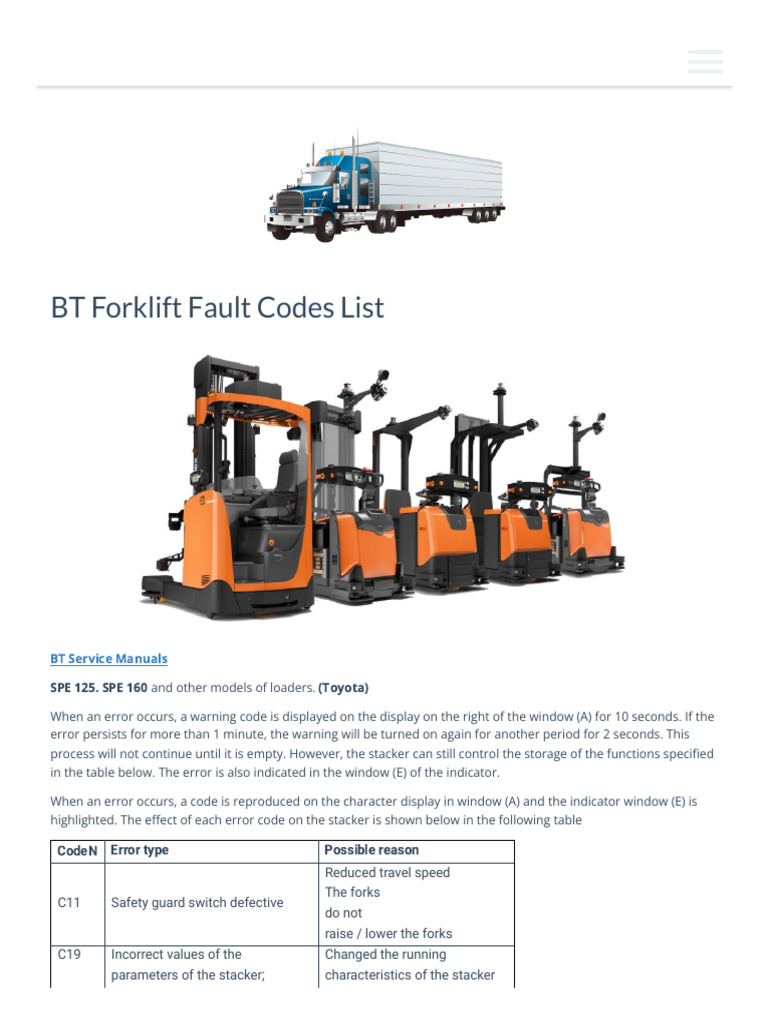 BT Forklift Fault Codes List - Truck PDF | PDF | Sensor | Manufactured ...
