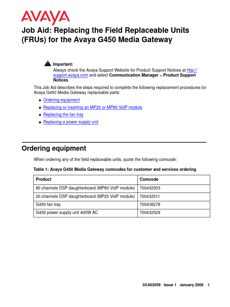 Avaya G450 FRU Replacement Guide | PDF | Electrical Connector | Electrical Engineering