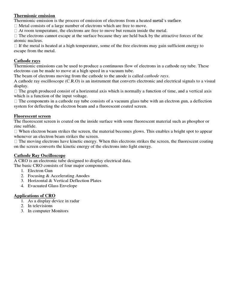 Thermionic Emission Olevels Notes | PDF | Vacuum Tube | Cathode