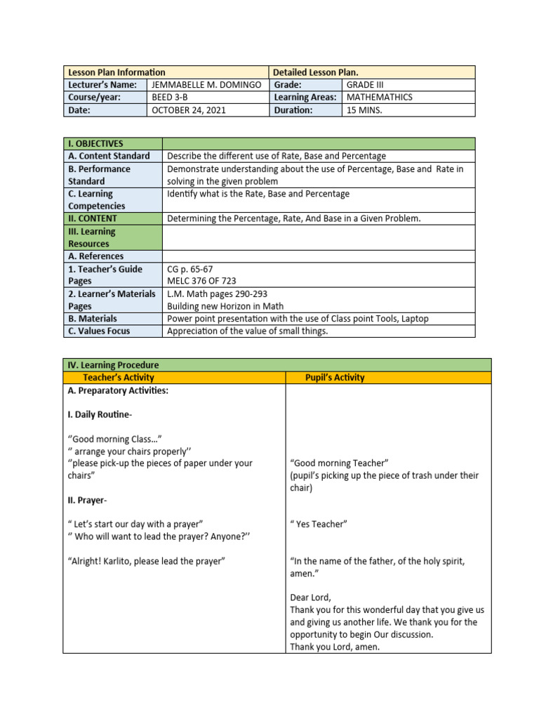Sample Lesson Plan Detailed in Math | PDF | Percentage | Lesson Plan