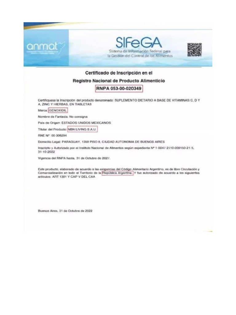 Certificado Proteina ANMAT | PDF