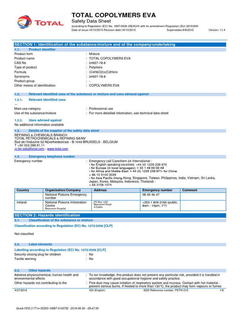 EVA Msds | PDF | Chemistry | Occupational Safety And Health