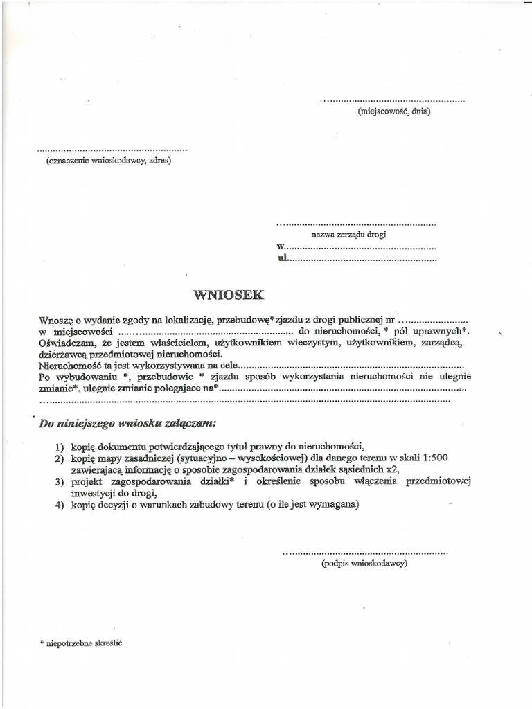 08.wydzial Infrastruktury-Wniosek o Lokalizacje Przebudowe Zjazdu | PDF