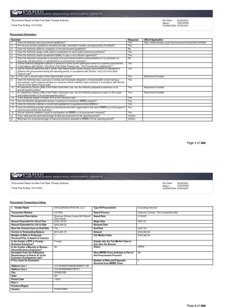 NY Thruway Authority Procurement Report | PDF | Procurement ...