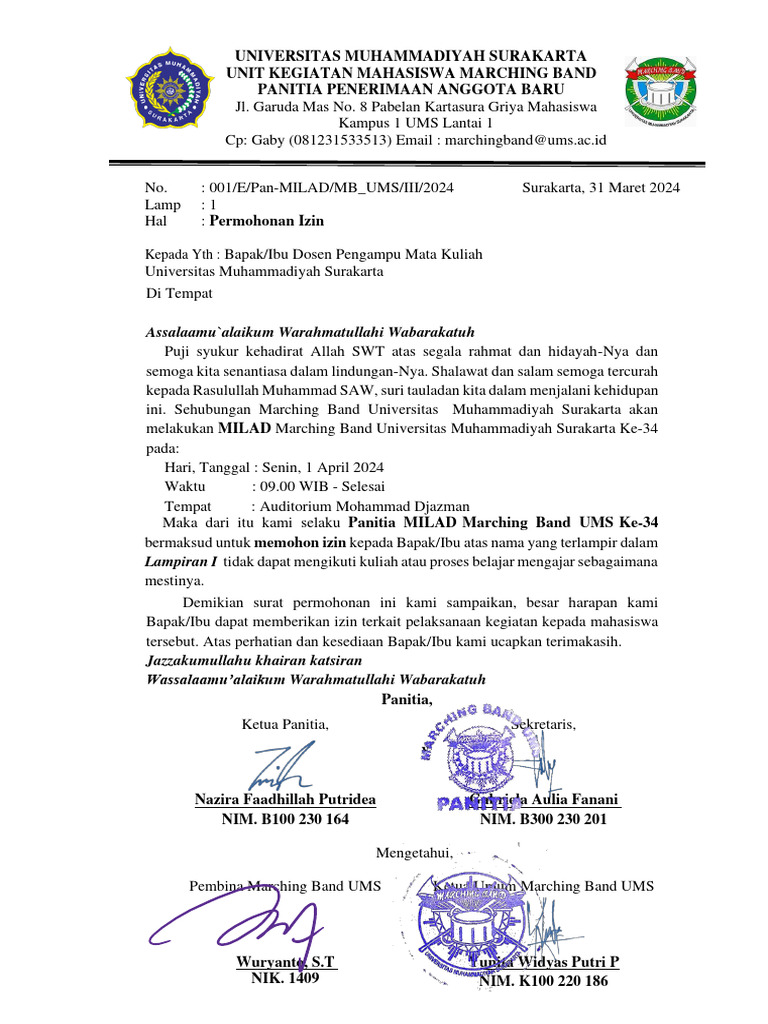 Surat Permohonan Izin Kuliah Panitia MILAD MB UMS KE-34 | PDF