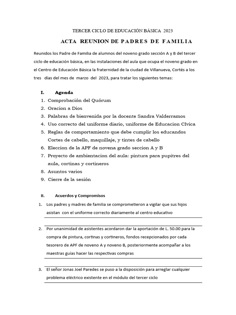 Acta de Sociedad de Padres de Familia | PDF