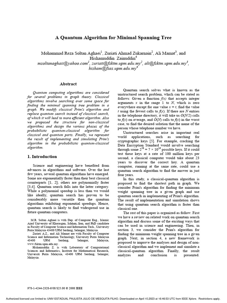A Quantum Algorithm For Minimal Spanning Tree | PDF | Quantum Computing | Discrete Mathematics