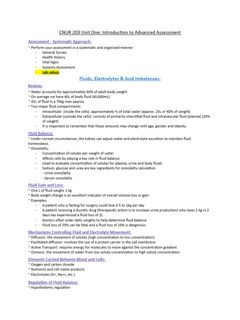 CNUR 203 Unit One - Introduction To Advanced Assessment | PDF | White ...