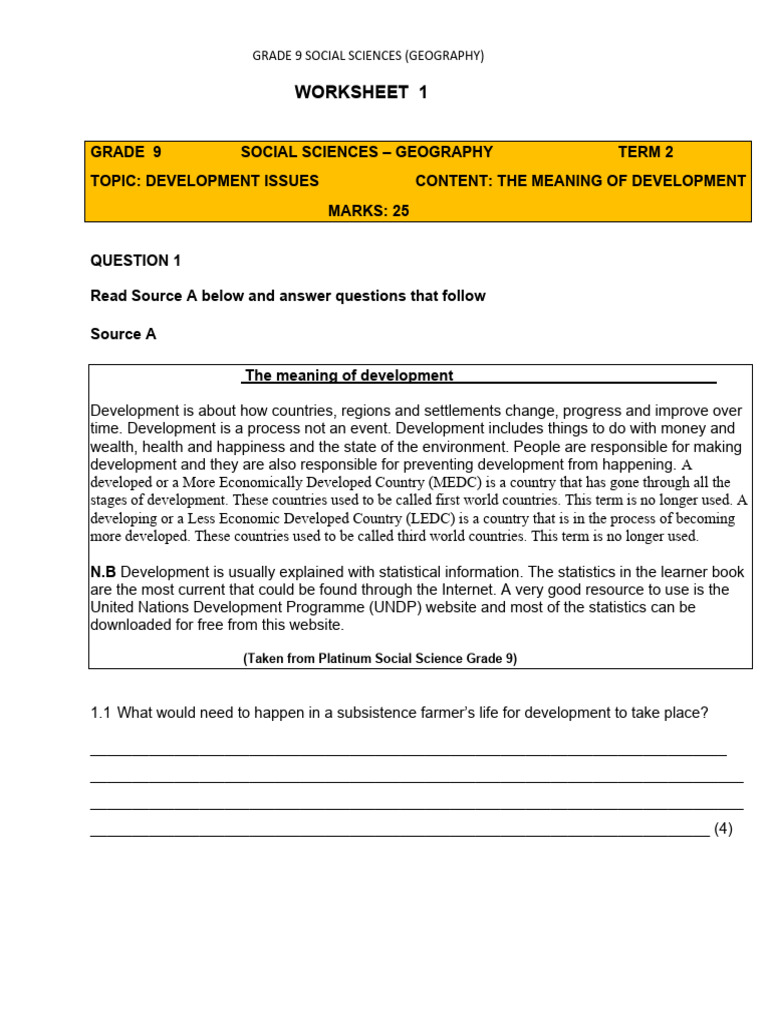 Social Sciences-Grade 9 Geography Worksheet May 2020 | PDF | Human ...