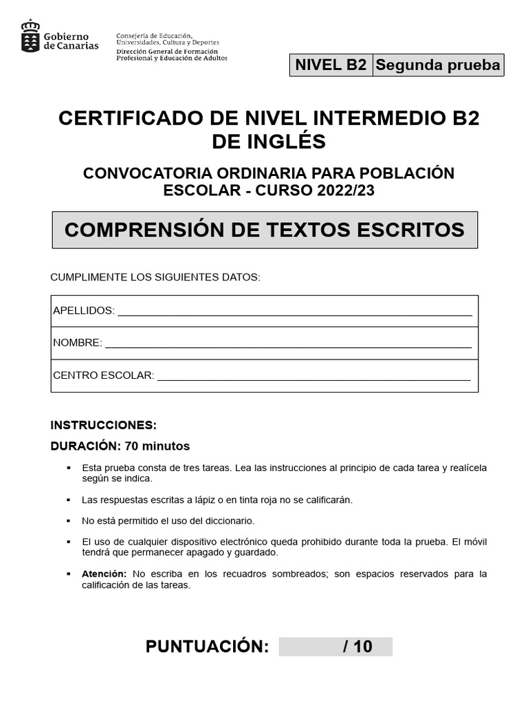 Ingles b2 Comprension Textos Escritos Examen | PDF
