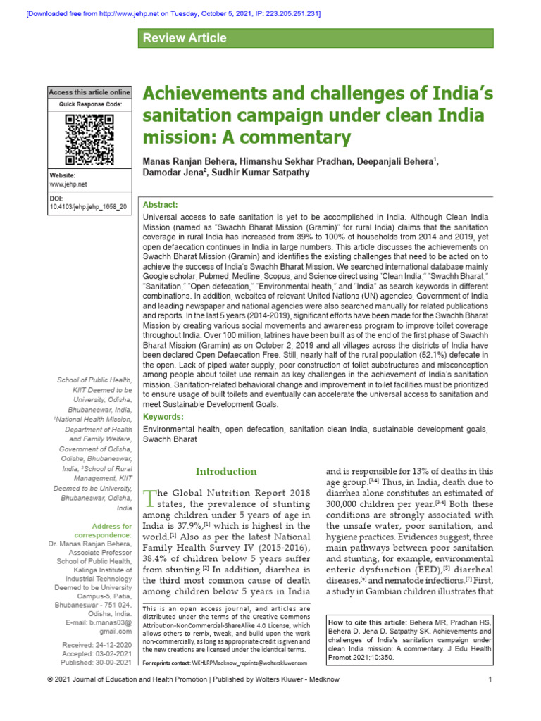 Achievements And Challenges Of Indias Sanitation Pdf Sanitation Wash