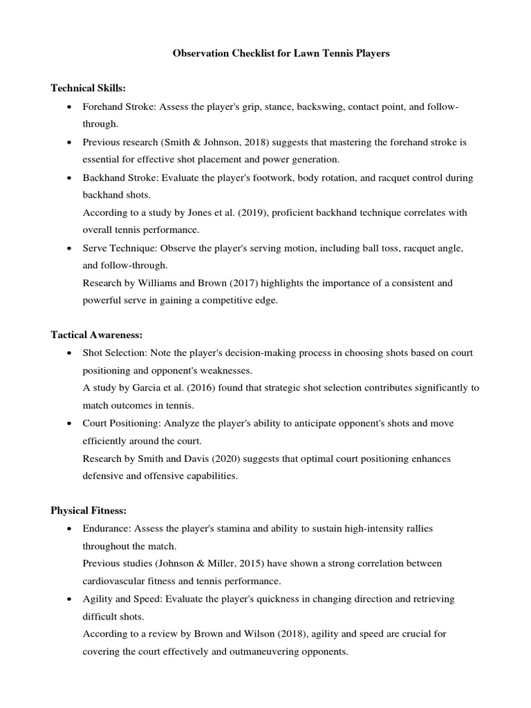 Observation Checklist For Lawn Tennis | PDF | Psychological Resilience ...
