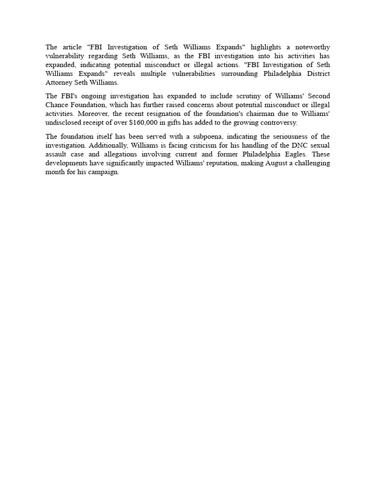 FBI Investigation of Seth WilliamsExpands | PDF