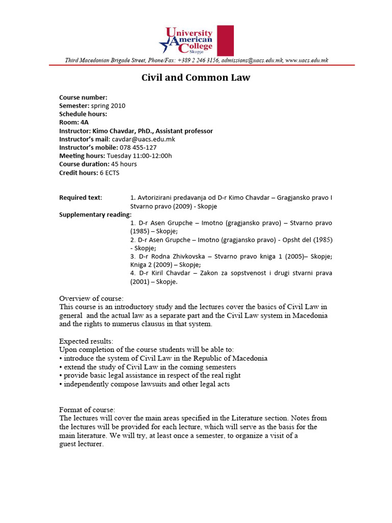 Civil and Common Law Syllabus | PDF