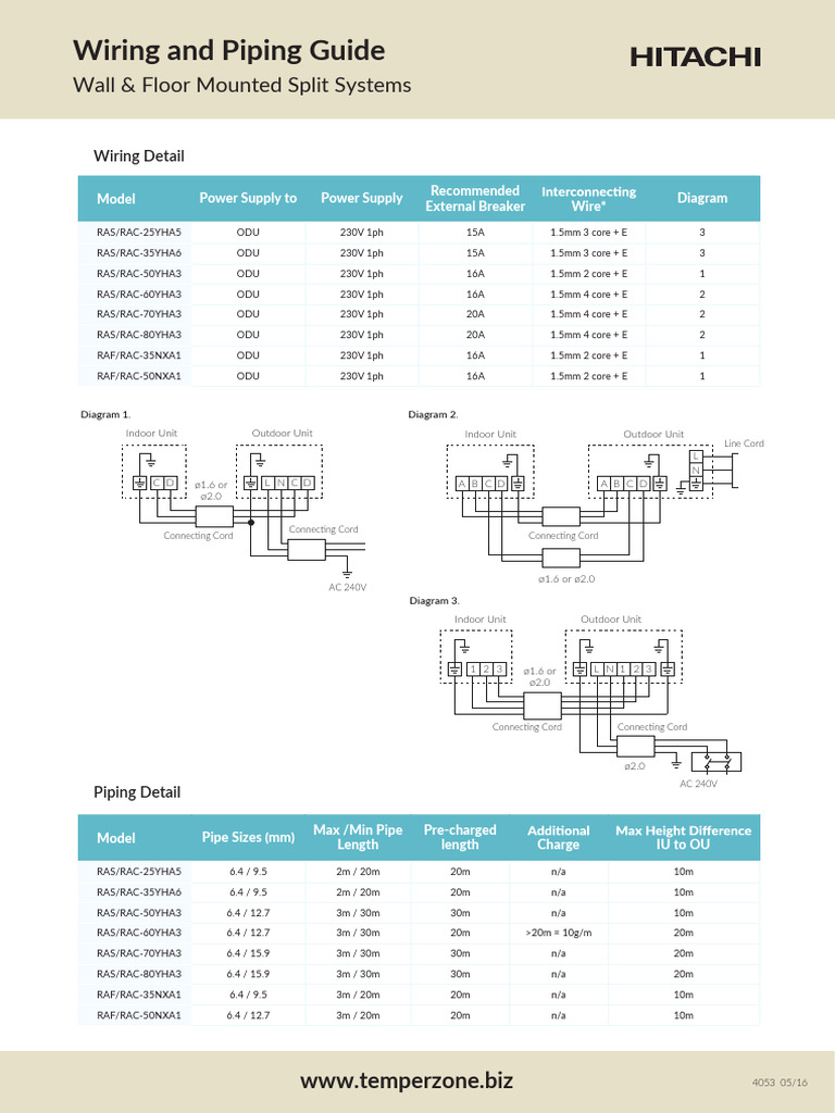 Hitachi RAC Wiring and Pipe Guide 0516 | PDF | Electrical Engineering ...