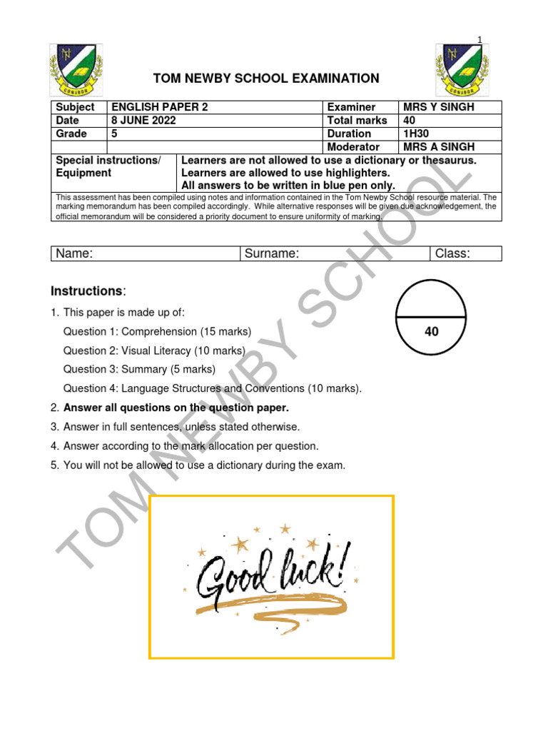 Grade 5 English Exam Paper 2022 | PDF | Whales | Grammatical Tense