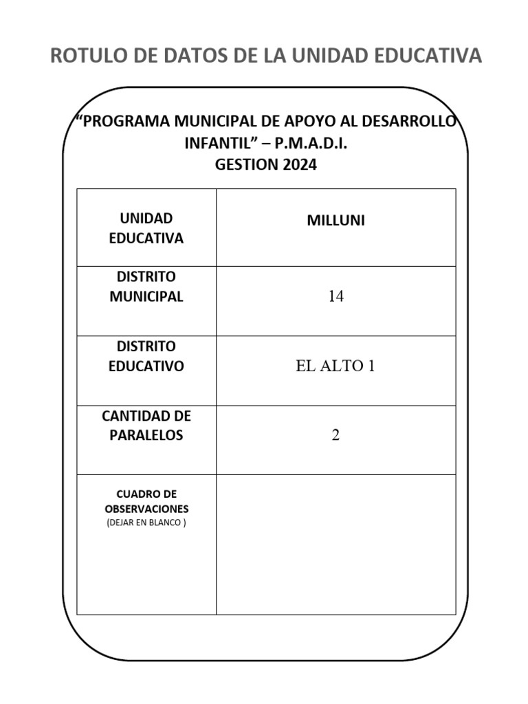 Rotulo de Datos de La Unidad Educativa 2024 | PDF