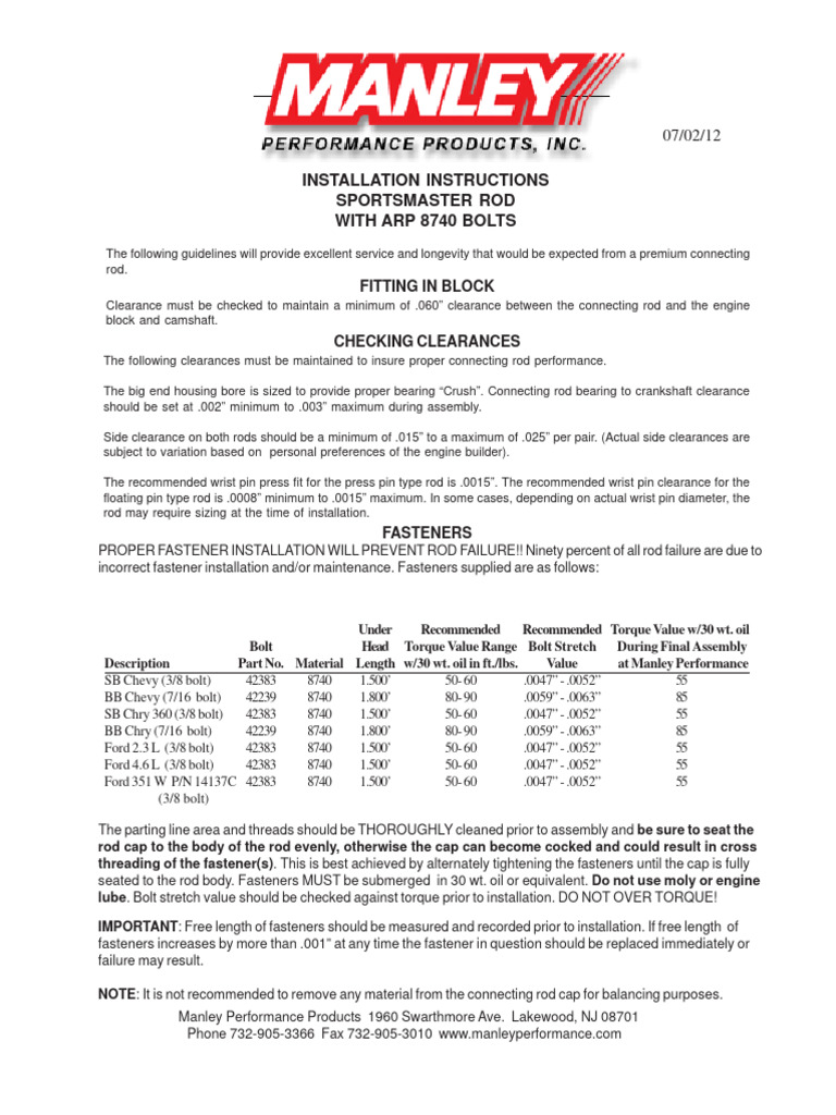 Manley Rod-Sportsmaster Torque Spec | PDF | Vehicle Parts | Rotating ...