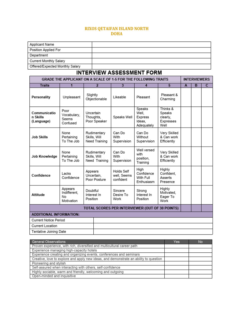 Interview Assessment Form For Recruitment Trip | PDF | Psychology ...