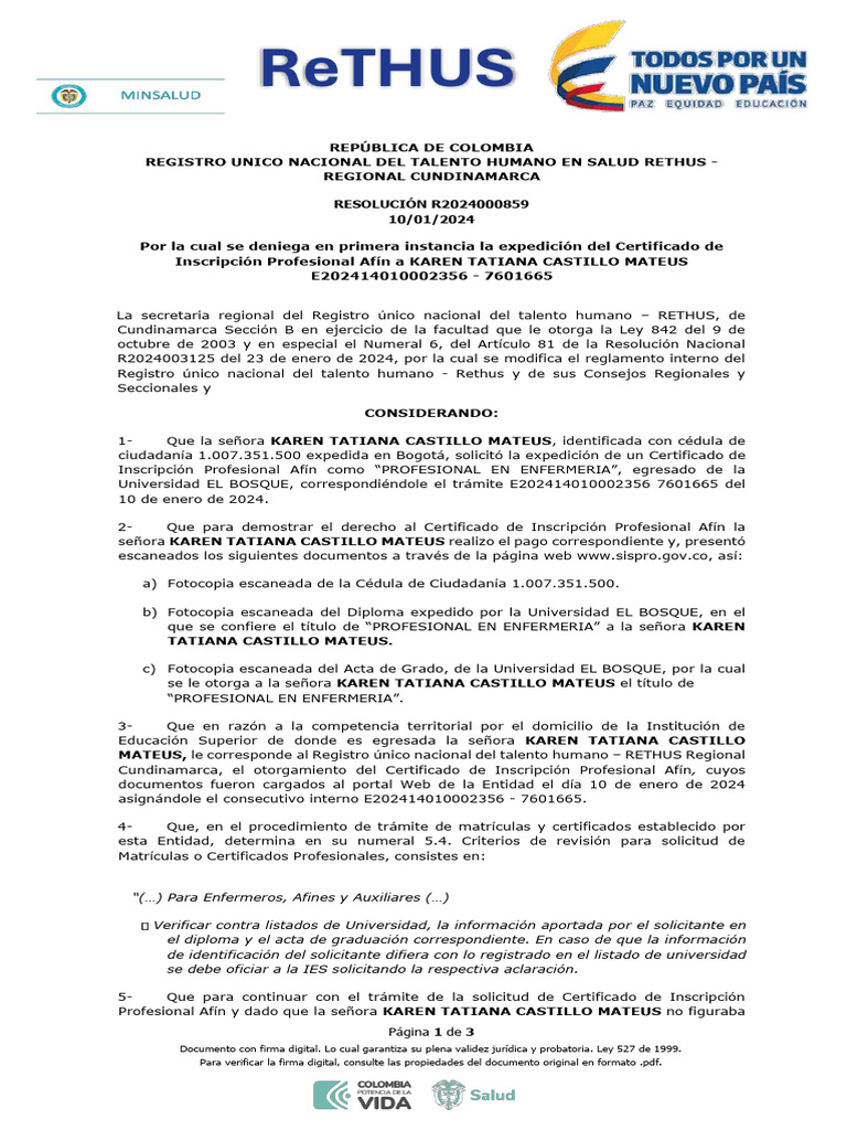 Resoluci - N R2024000859 Rethus | PDF | Documento de identidad | Enfermería