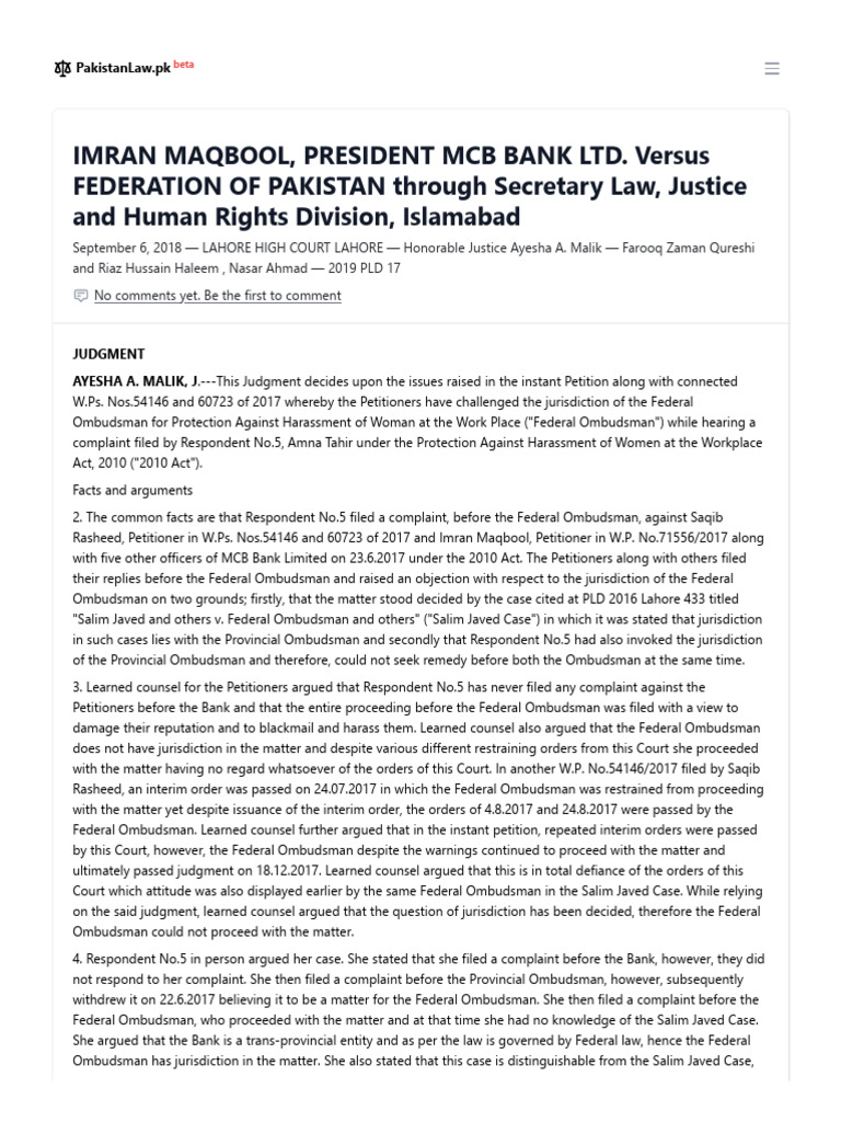 Imran Maqbool, President MCB Bank Ltd. Versus FEDERATION OF PAKISTAN Through Secretary Law ...