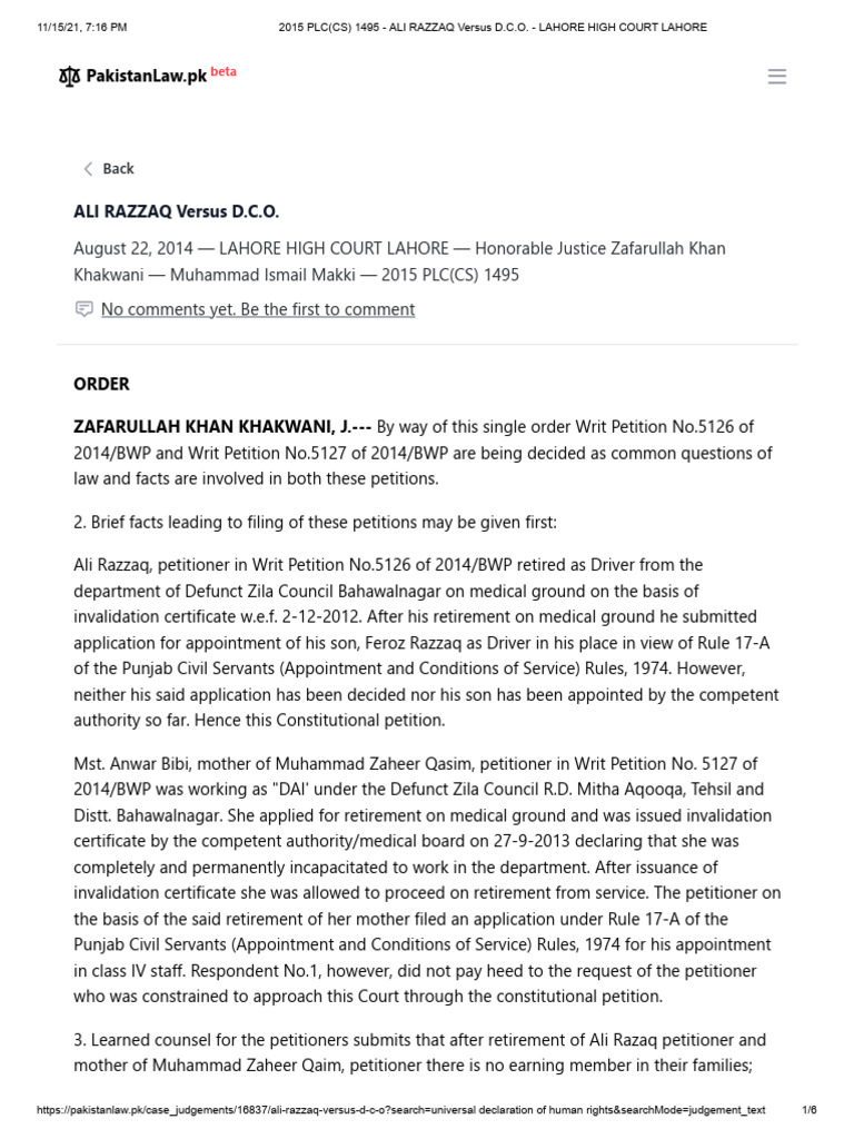 2015 PLC (CS) 1495 - Ali Razzaq Versus D.C.O. - Lahore High Court ...