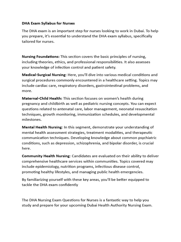 DHA Exam Syllabus For Nurses | PDF | Nursing | Health Care