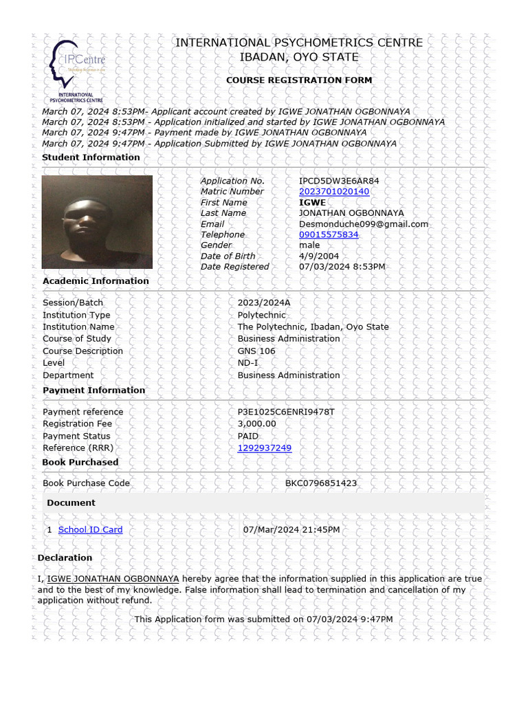 Print Application Form - International Psychometrics Centre | PDF