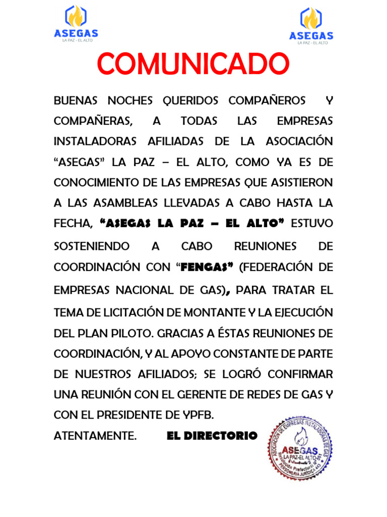 Actual Comunicado Reunion Con Gerencia de Ypfb Actual | PDF
