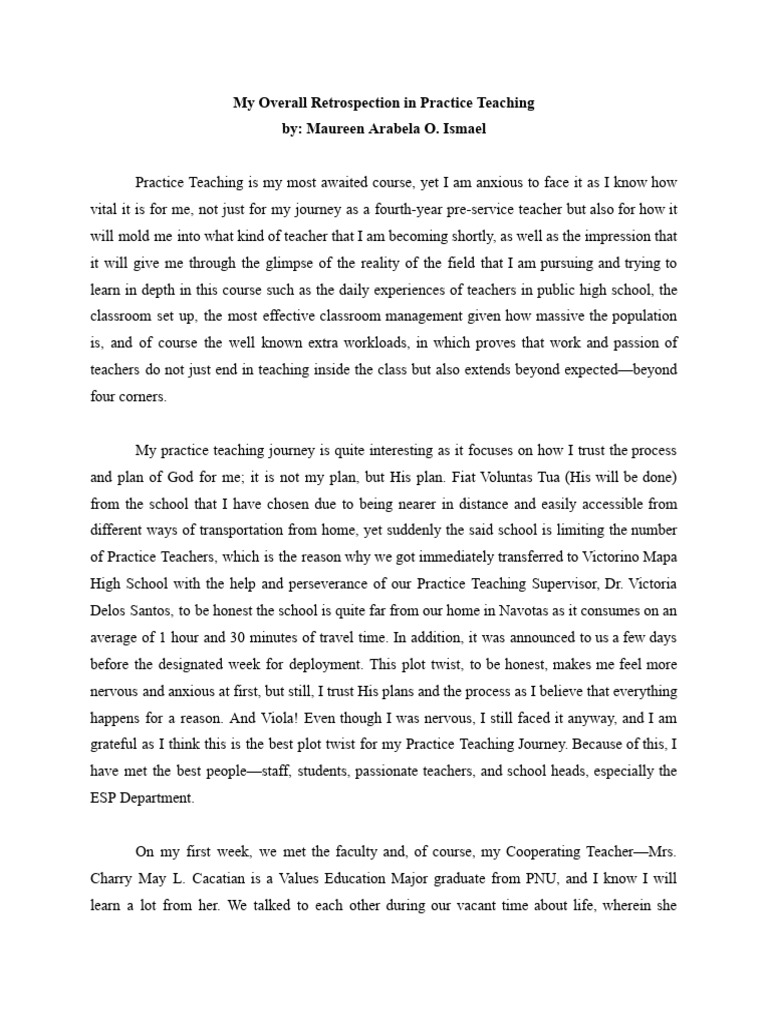 Ismael My Overall Retrospection in Practice Teaching | PDF | Learning ...