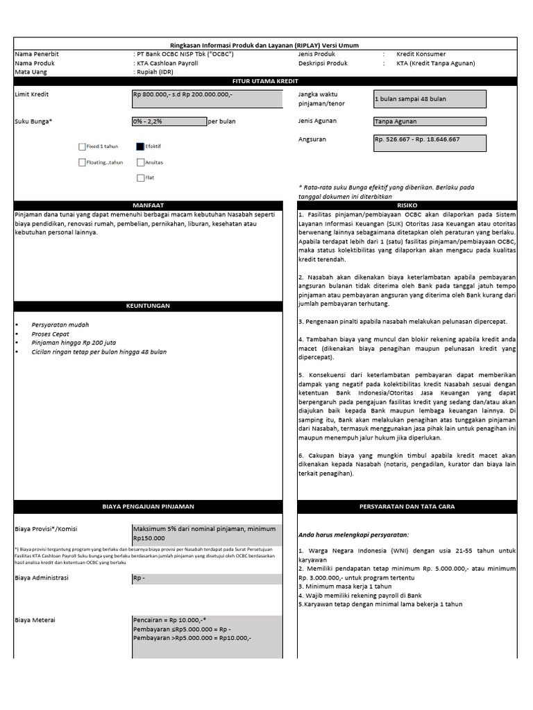 KTA Cashloan Payroll OCBC NISP | PDF